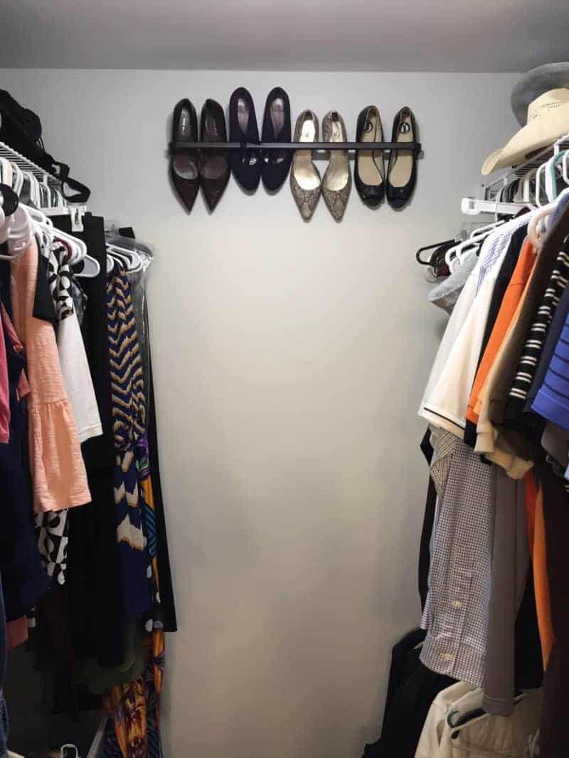Small Closet Shoe Organization with Curtain Rods