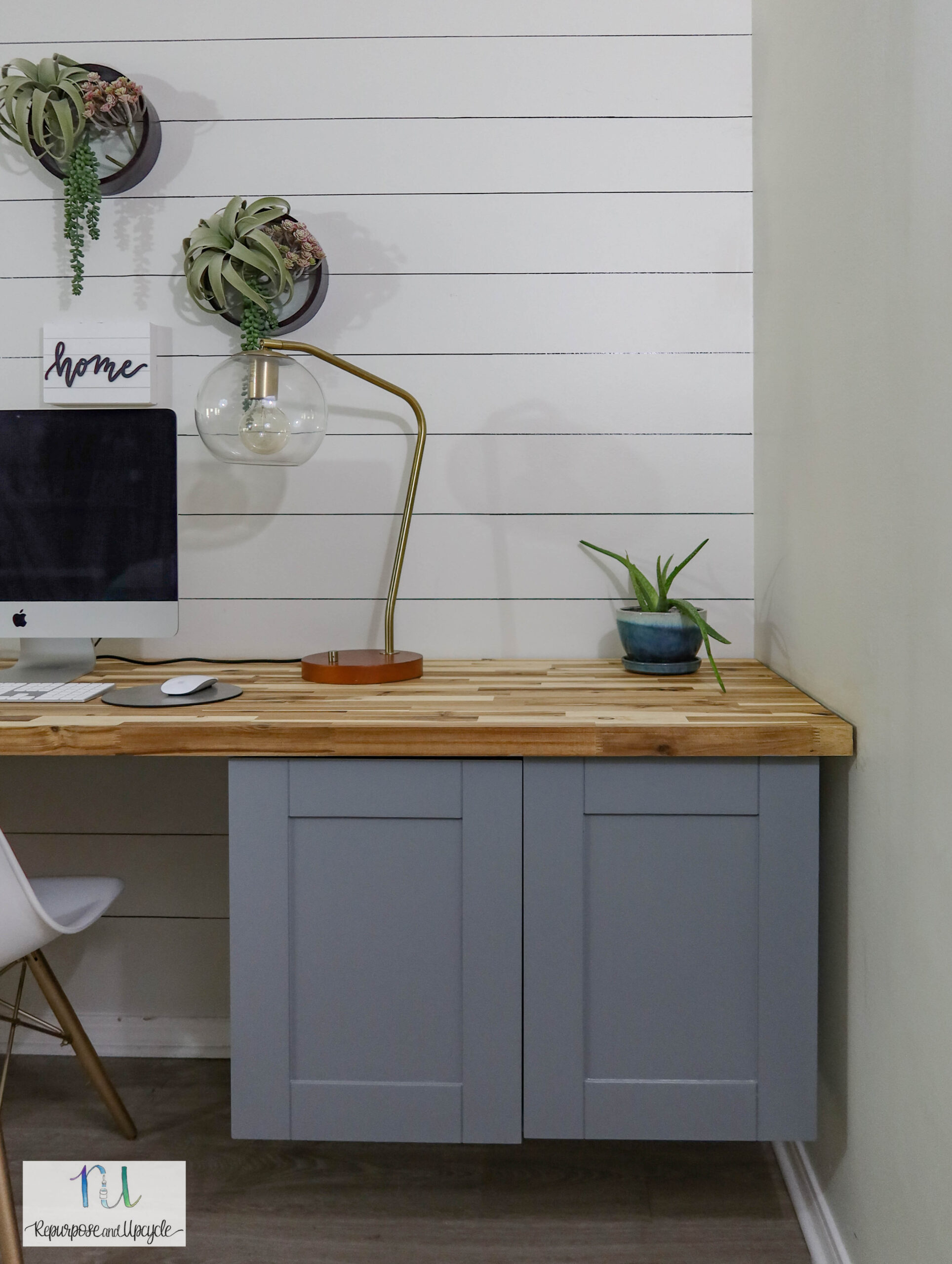 DIY Modern Floating Office Desk with Acacia Butcher Block Countertop