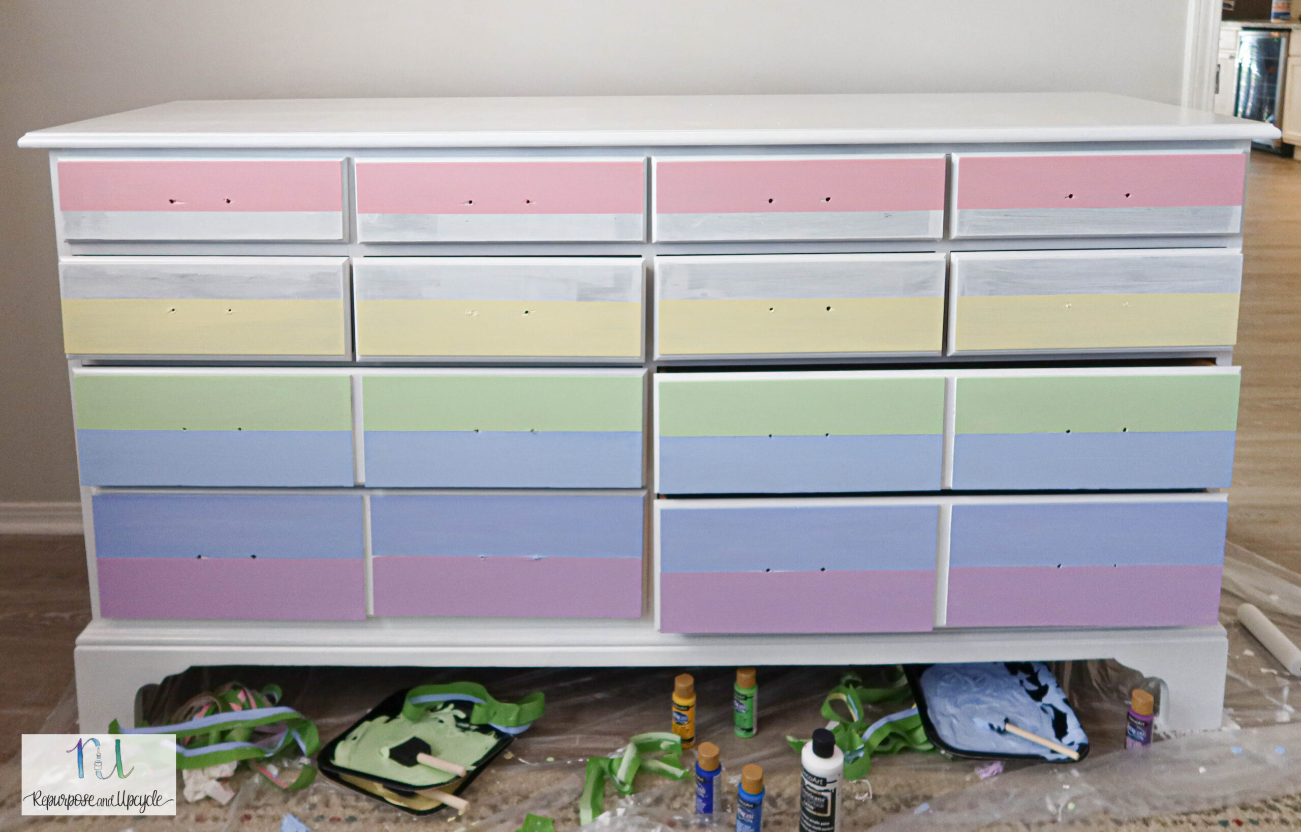 Rainbow Dresser Makeover with Acrylic Paint on Furniture